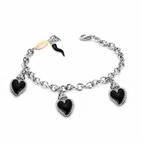 UNALOE Silver / Black Silver Bracelet With Three Black Heart Pendants And Horn - Silver/black