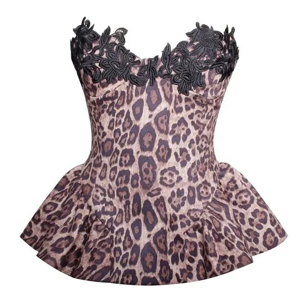 MISS CIRCLE NEW YORK Qiara Cheetah Print Peplum Top With Lace Trim - Black