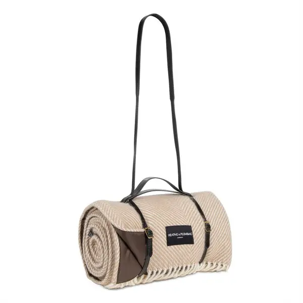 HEATING & PLUMBING LONDON Pure New Wool Waterproof Picnic Blanket The Blenheim Black Strap - Brown
