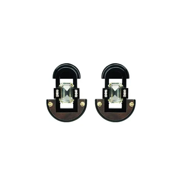 GISSA BICALHO Black / Brown Handmade Acrylic Earring M Deco Mirror Rectangular Stone Black - Black/brown