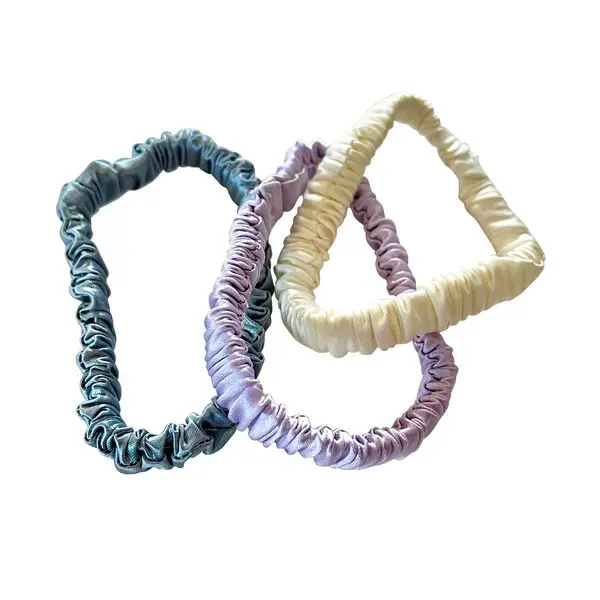 SOFT STROKES SILK Set Of Three Pure Mulberry Silk Skinny Scrunchies Weekly Special Hair Ties Lilac Rain - Grey