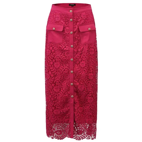 SMART AND JOY Lace And Center Buttons Straight Midi Skirt - Pink