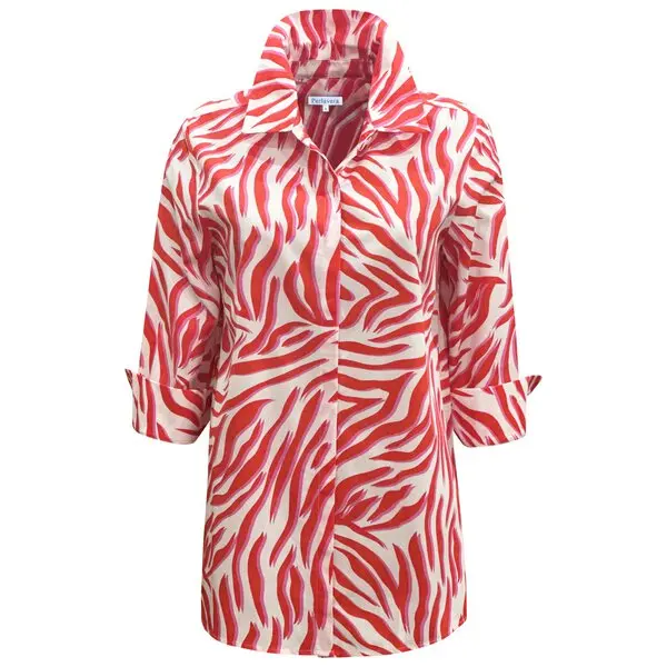 PERLAVERA White / Red Magnolia Zebra Cherry Printed Three Quarter Sleeve Length Gathered Back Shirt - White/red