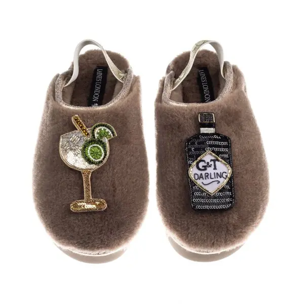 LAINES LONDON Brown / Gold / Neutrals Flatform Cloud Closed Toe Slippers With Botanical Gin & Glass Brooches Mink - Brown/gold