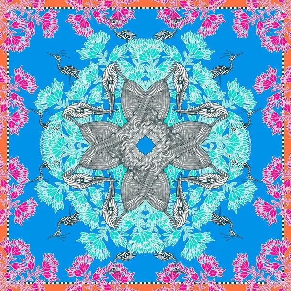 CREATURE MARSEILLE Blue / Orange Parata Nuziale Blue The Medium Square Silk Scarf / Design In France Made In Italy - Blue/orange
