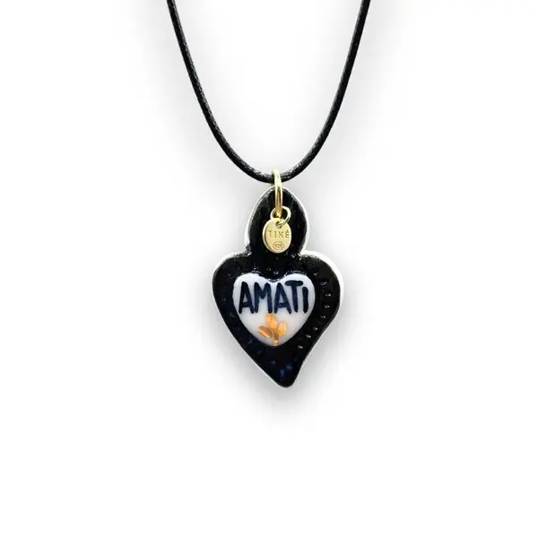 Tiké Jewels Sacred Heart Amati Porcelain Choker Necklace – Gold Plated - Black