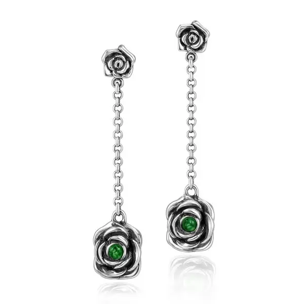 UNALOE Silver / Green Sterling Silver Rose Drop Earrings With Emerald Stone – Jewelry - Silver/green