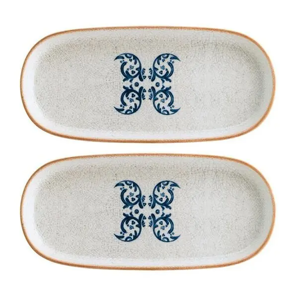 Turgla Home Viento Oval Decorated Porcelain Platter Set Of Two - Blue