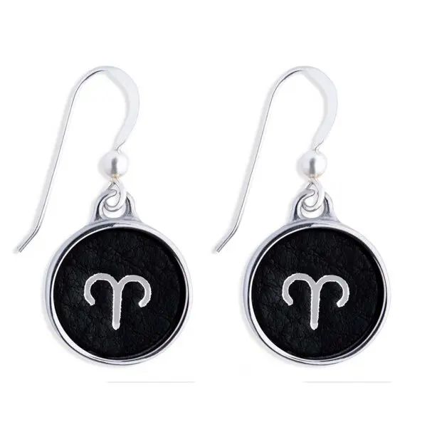 N'DAMUS LONDON Silver / Black Zodiac Aries Black Leather & Silver Earrings - Silver/black