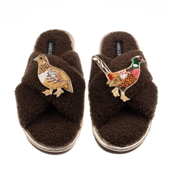 LAINES LONDON Neutrals Laines Neutral Boucle Slippers With Pheasant & Hen Brooches Chocolate - Brown