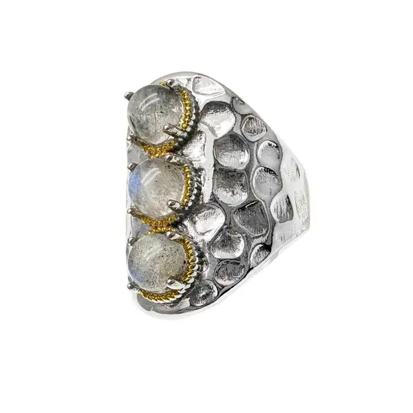 FARRA Labradorite Stone Nugget Platinum Plated Brass Ring - Grey