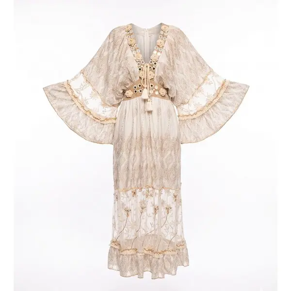 TANTRA SPAIN SL Neutrals Long Block-print Dress With Lace And Embroidery And Wide Sleeves Ecru - Beige