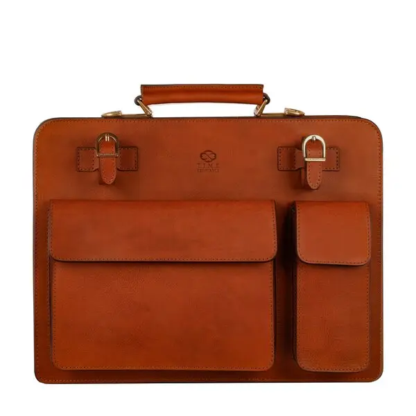 TIME RESISTANCE Cognac Leather Large Satchel Bag Briefcase The Prophet - Brown