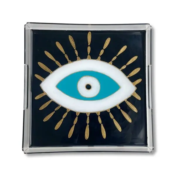 CASA DUNIYA Hand-painted Evil Eye & Turquoise Square Nazar Acrylic Tray - Black