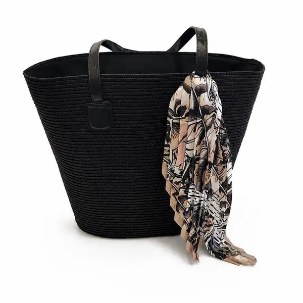 NUVV COLLECTION Woven Tote Bag With Printed Scarf - Black