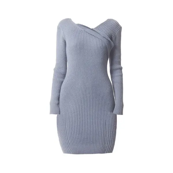 SOUR FIGS Asymmetric Slant Band Knit Midi Dress In Cadet - Grey