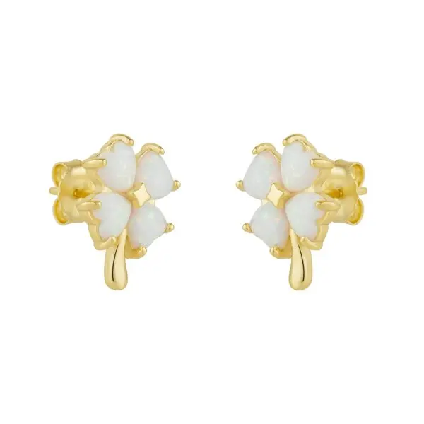 SPERO LONDON White Opal Four Leaves Clover Sterling Silver Stud Earring - Gold