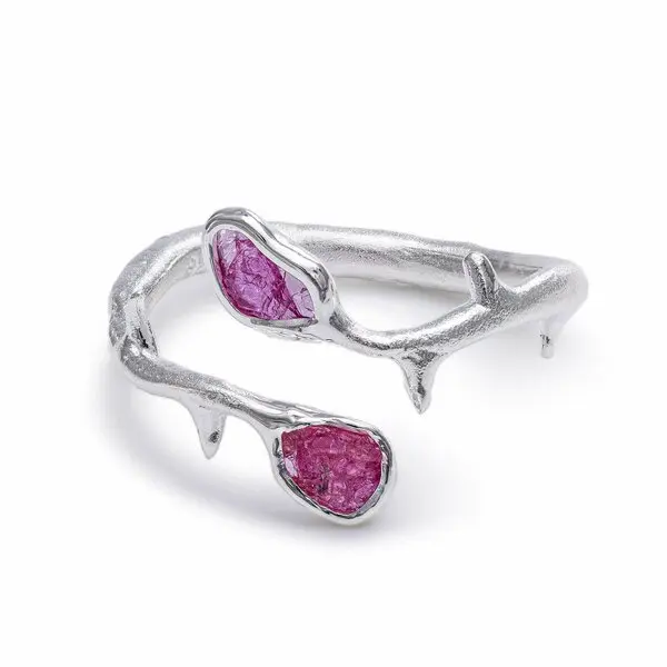 GERMAN KABIRSKI Pink / Silver Barbera Thorn Inspired Open Band Silver Ring With Raw Ruby - Pink/silver