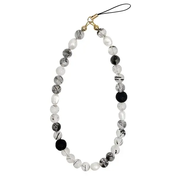 FARRA Rutilated Quartz With Lava Stone And Pearls Phone Strap - Black