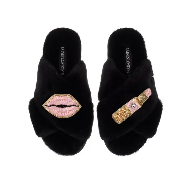 LAINES LONDON Embellished Faux Fur Cross Strap Slippers - Black