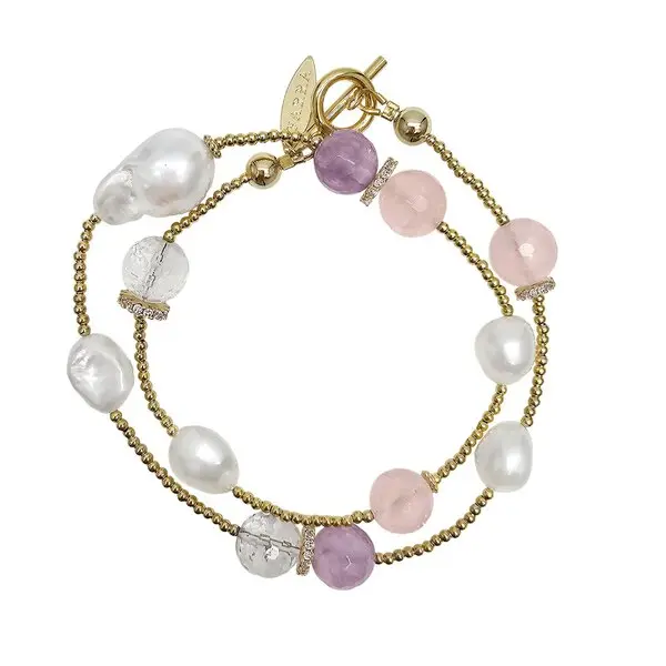 FARRA Baroque Pearls With Rose Quartz And Amethyst Double Layers Bracelet - Pink