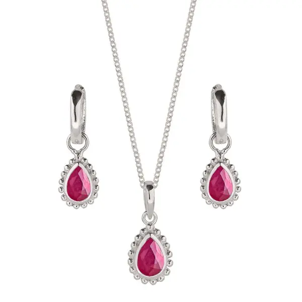 CHARLOTTE'S WEB JEWELLERY Red / Silver July Birthstone Sterling Silver Necklace And Earring Set Ruby - Red/silver