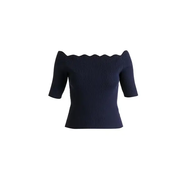 PAISIE Scallop Neck Knit Top In Navy - Blue