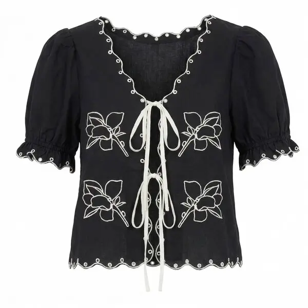 MODENAIRE Embroidered Blouse Sculpted Tie Front - Black