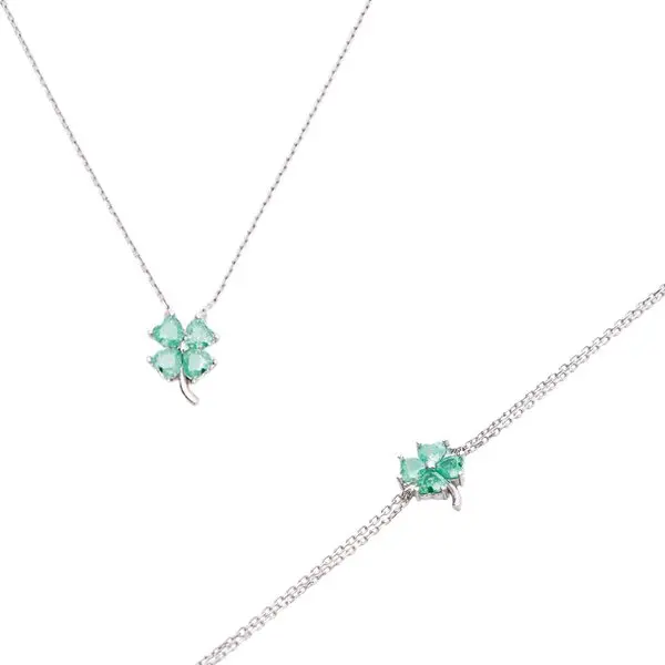 SPERO LONDON Four Leaves Clover Sterling Bracelet & Necklace Set In Green - Silver