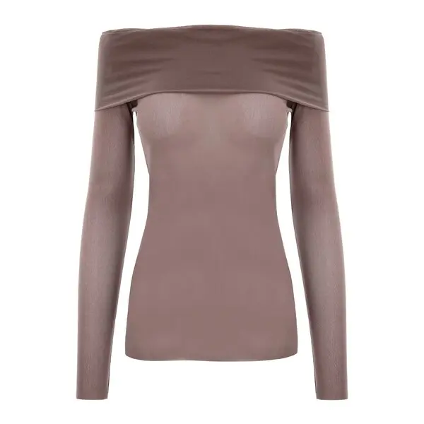 CONCEPT A TROIS Neutrals Off Shoulder Nude Tulle Blouse - Brown