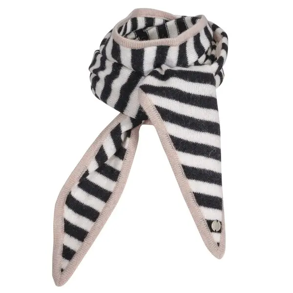 TIRILLM Ayla Small Neck Scarf In Soft Pure Cashmere, And White Stripes With Beige Trimming - Black