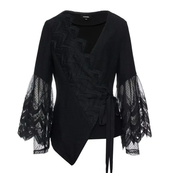SMART AND JOY Lace Edges Knitted Wrap-over Top - Black