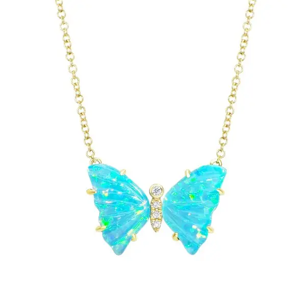 KAMARIA Mini Butterfly Necklace With Diamonds & Prongs In Turquoise Opal - Blue