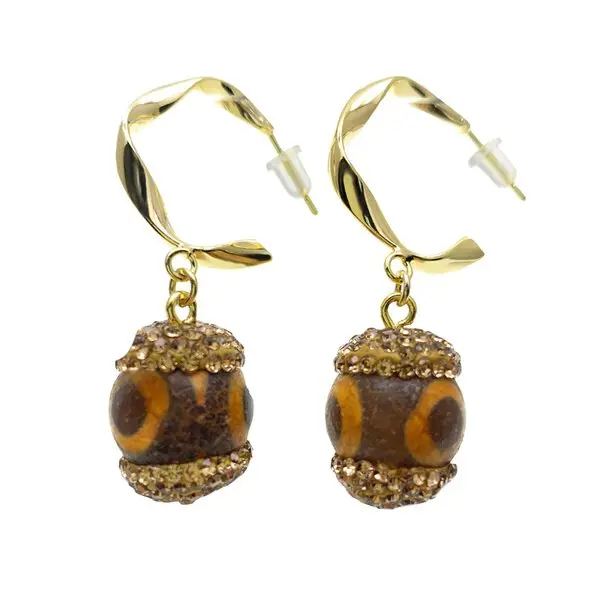 FARRA Tibetan Dzi Bead With Rhinestones Hook Earrings - Brown