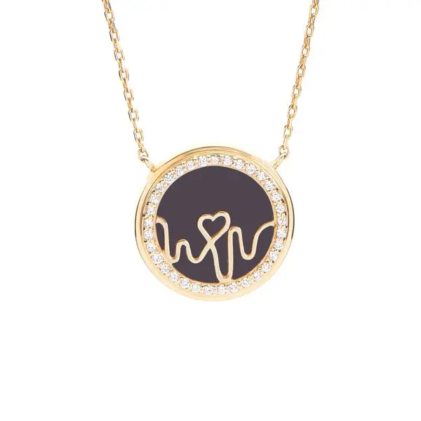 BLOOMTINE | EARTH ANGEL HQ Loves Frequency™ 18k Solid Gold Natural Diamond & Onyx Heartbeat Necklace - Black