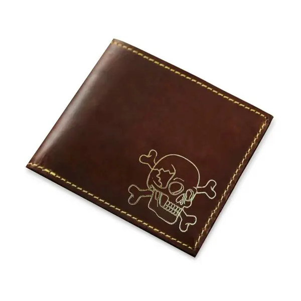 VIDA VIDA Skull Leather Card Wallet Tan With Yellow Stitch - Brown