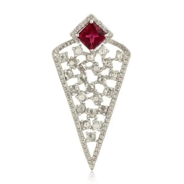 ARTISAN White / Red Pink Tourmaline & Diamond Geometric Pendant In 18k White Gold - White/red