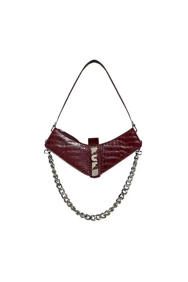 PCFG Pure Leather Boomerang Shoulder Bag Burgundy - Red