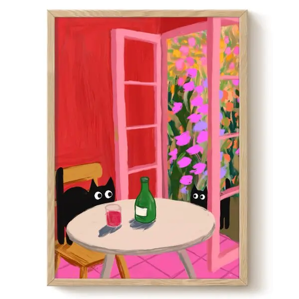 THE PAPER TAIL Come In For Wine Cat Art Print A4 - Red
