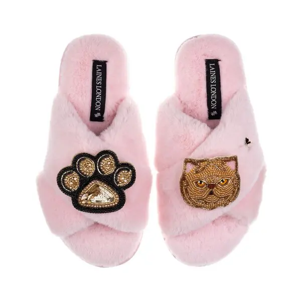 LAINES LONDON Classic Slippers With Paw And Persian Cat Brooch Embellishments - Pink