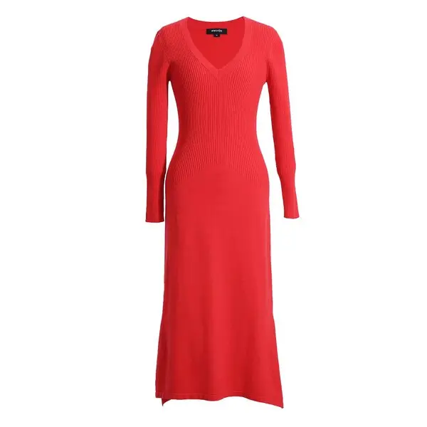 SMART AND JOY Slim V-neck Sweater Midi Dress - Red