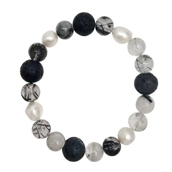 FARRA Rutilated Quartz With Lava Stone And Pearls Bracelet - Black