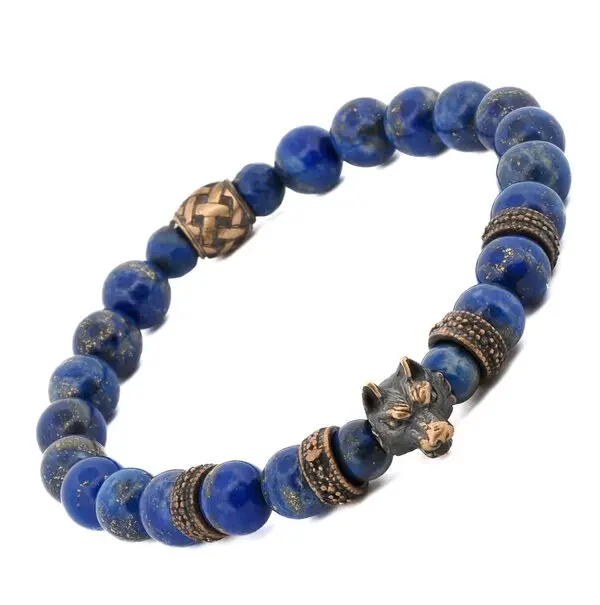 EBRU JEWELRY Blue / Silver Lapis Lazuli Stone Powerful Wolf Courage Beaded Bracelet Blue - Blue/silver