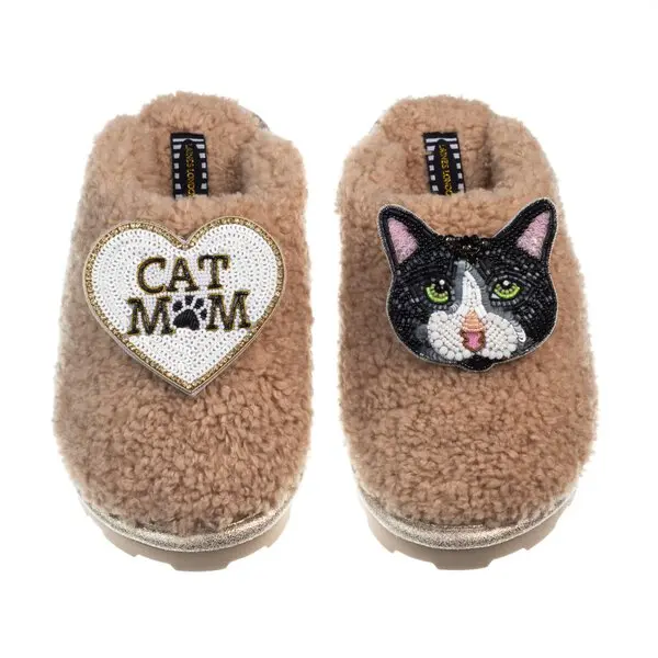 LAINES LONDON Neutrals Teddy Closed Toe Slippers With Oreo Cat & Cat Mum / Mom Brooches Toffee - Brown