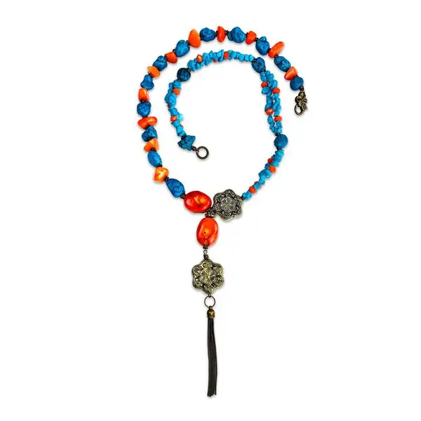BELLUS DOMINA Blue & Orange Gemstone Long Necklace