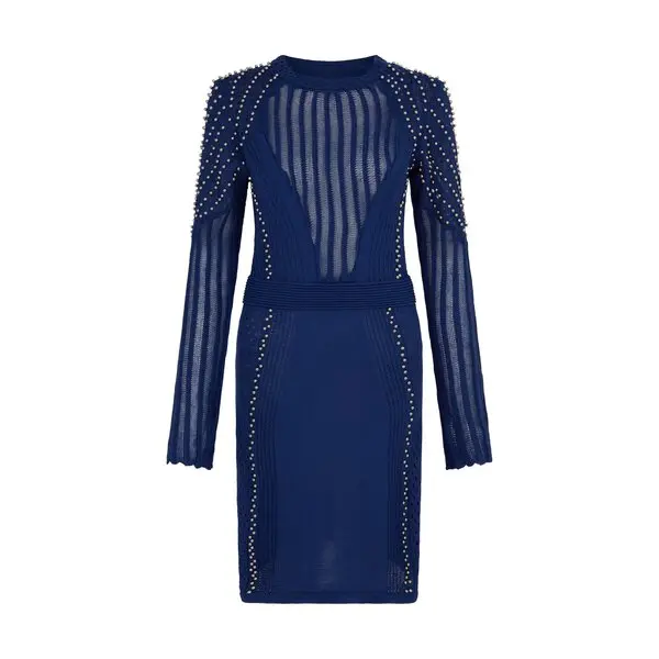 SOUR FIGS Studded Sheer Knit Mini Jumper Dress In Midnight - Blue