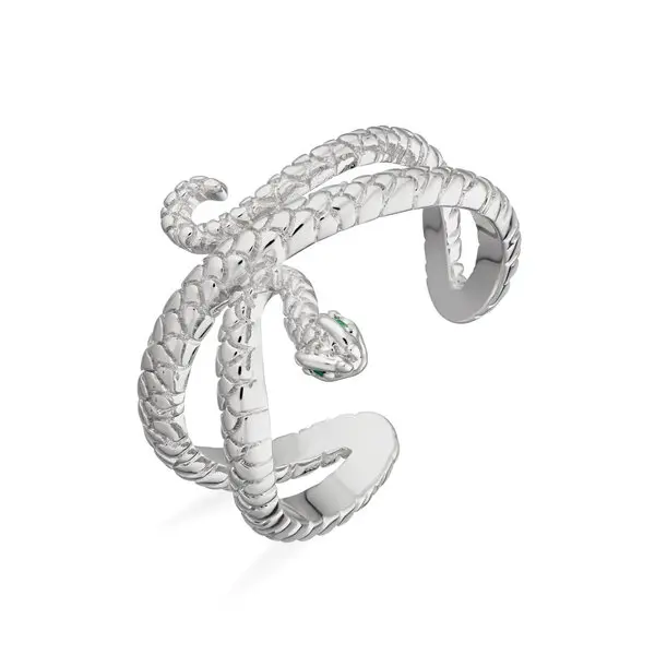 SCREAM PRETTY Snake Open Ring With Green Eyes - Silver