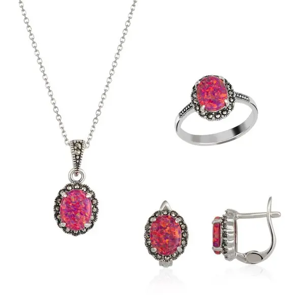 SPERO LONDON Red / Silver Oval Red Opal High Quality Sterling Silver Necklace Earring Ring Set - Red/silver