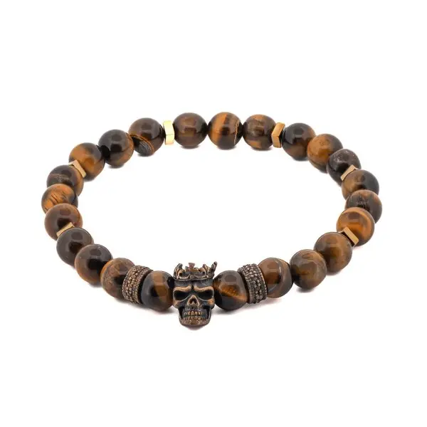 EBRU JEWELRY Brown / Silver King Skull Tiger's Eye Stone Beaded Bracelet Brown - Brown/silver