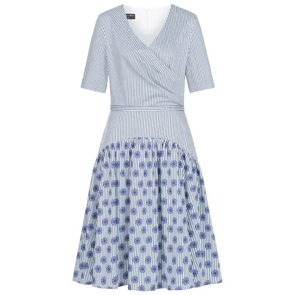 MARIANNA DÉRI Blue / White Print Stripe And Bloom Print Dress - Blue/white